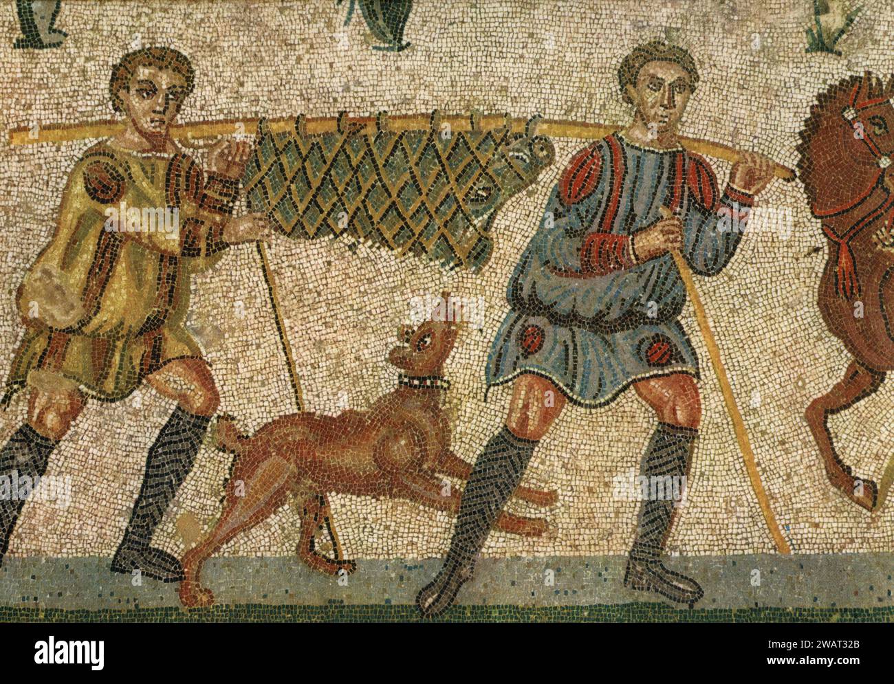 Ancient mosaics hunting scene: Transportation of the captured wild boar ...