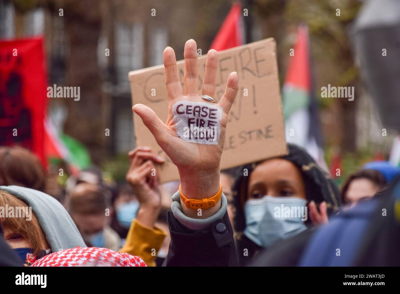 London, UK. 06th Jan, 2024. A protester holds up a hand with the words ...