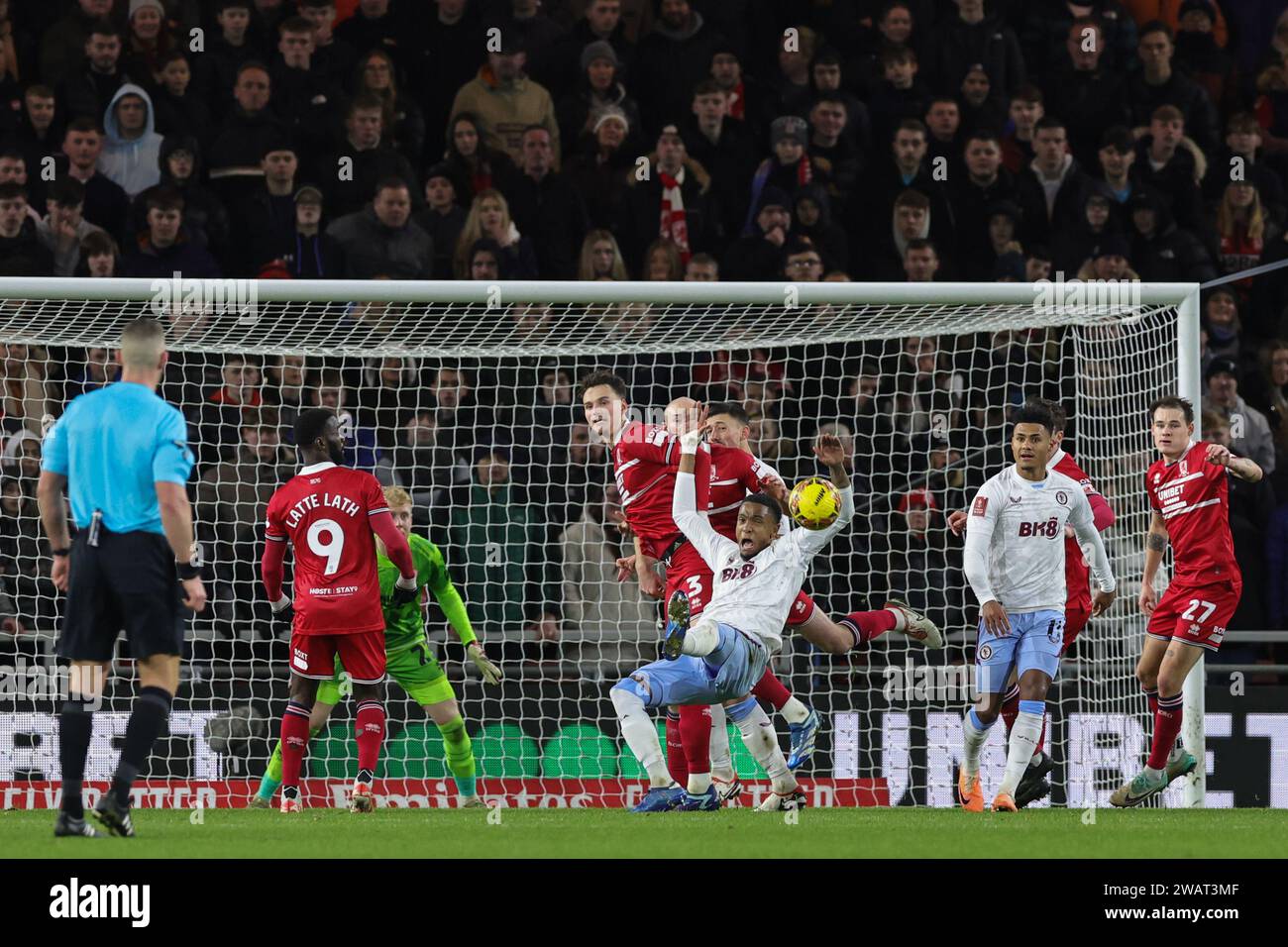Ezri Konsa of Aston Villa goes down in the 18 yard box during the ...