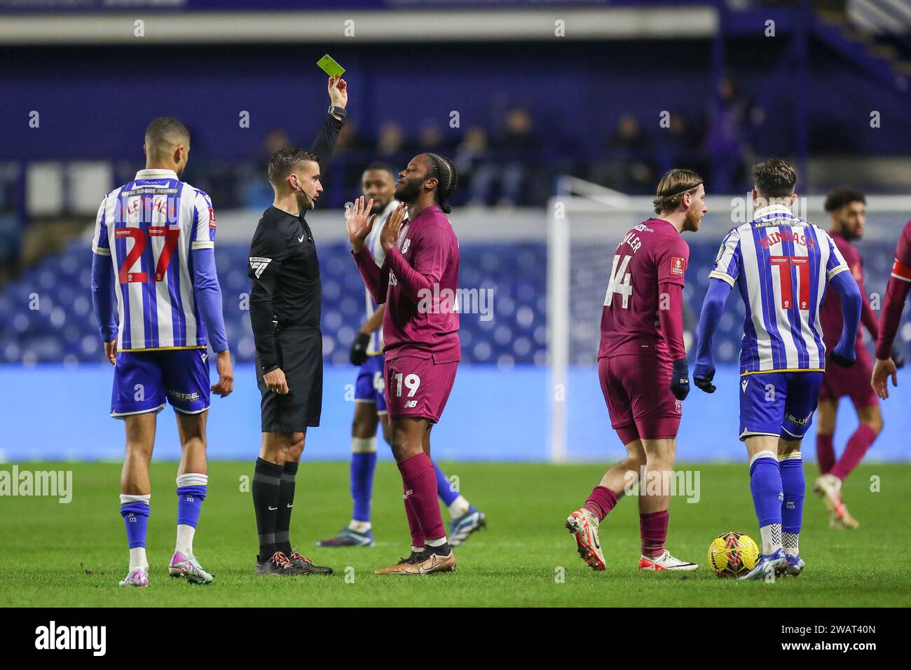 Sheffield, UK. 06th Jan, 2024. Referee Thomas Kirk yellow card Cardiff ...