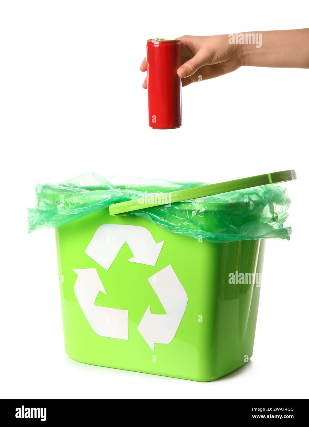 Woman throwing garbage into trash bin on white background Stock Photo ...