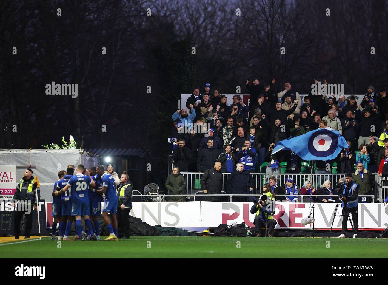 Newport, UK. 06th Jan, 2024. Eastleigh FC fans celebrate after Chris ...