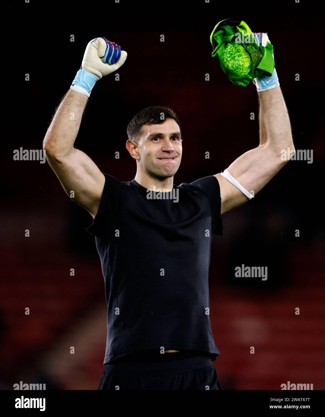 Aston Villa goalkeeper Emiliano Martinez celebrates after the Emirates ...