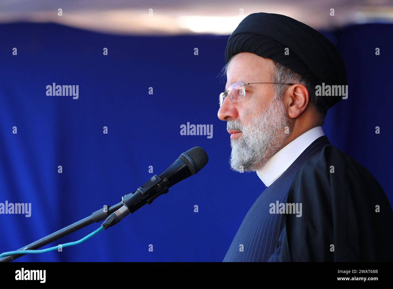 Iran s President Ebrahim Raisi speaking during the funeral of victims ...