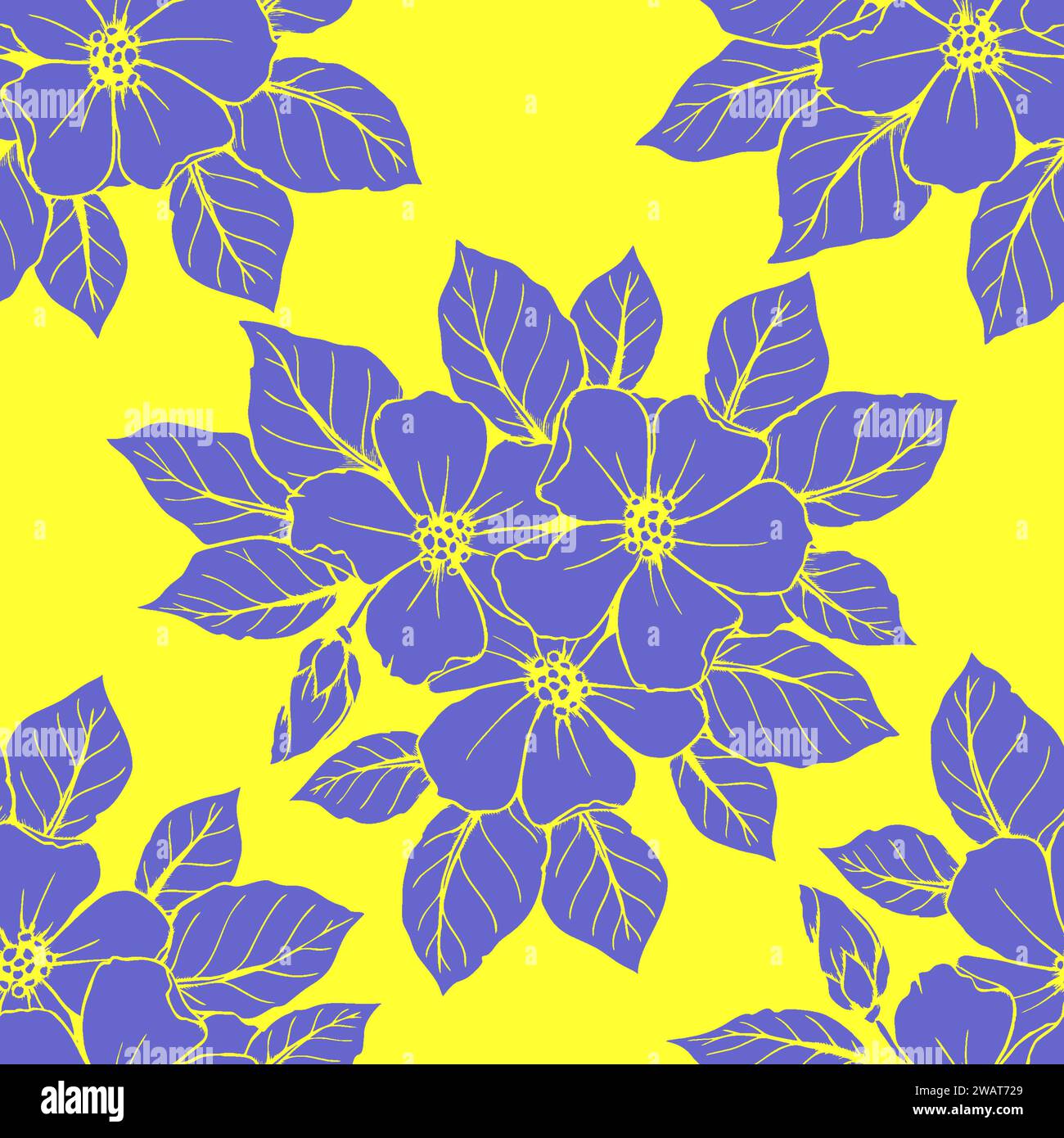 seamless contour pattern of large blue flowers on a yellow background ...