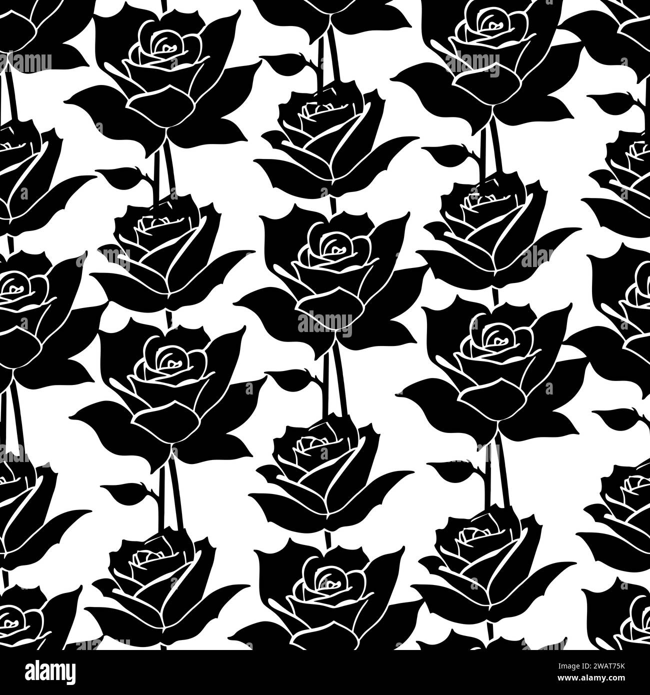 seamless floral pattern of black roses on a white background, texture ...