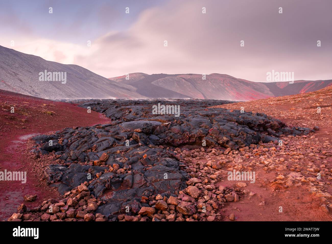 Cold molten lava flow in the Fagradalsfjall, active volcano in Iceland ...