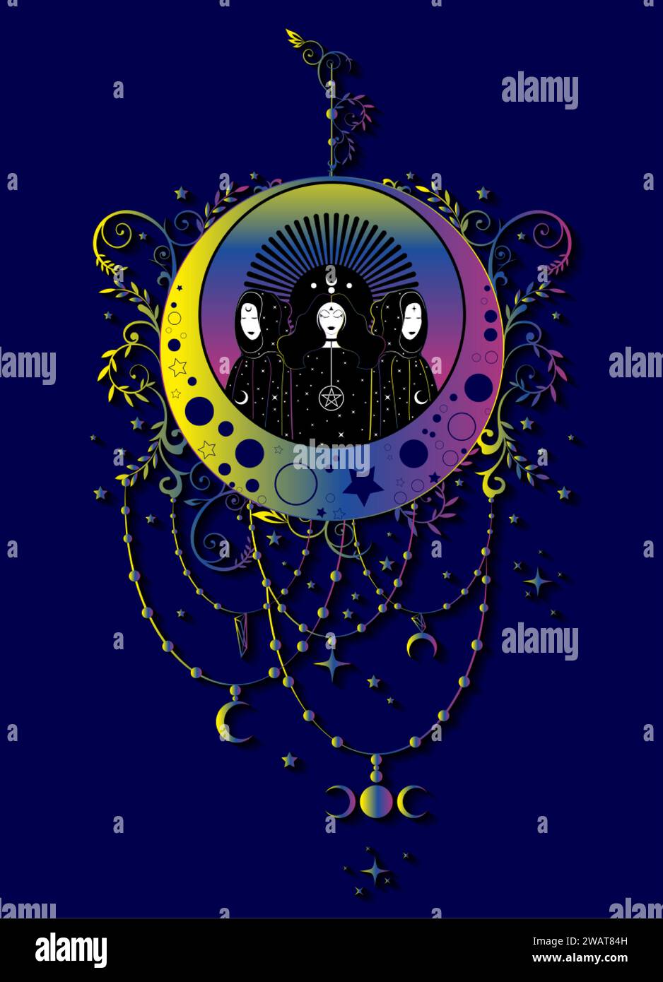 Mystical triple goddess, priestesses on magical crescent moon ...