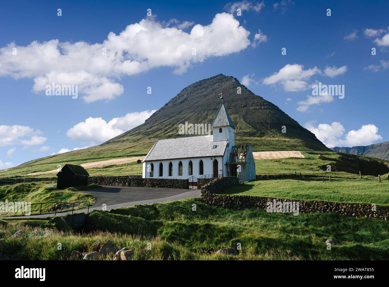 Slate Roofed Church or Vidareidi Kirkja of Viderejde on the Island of ...