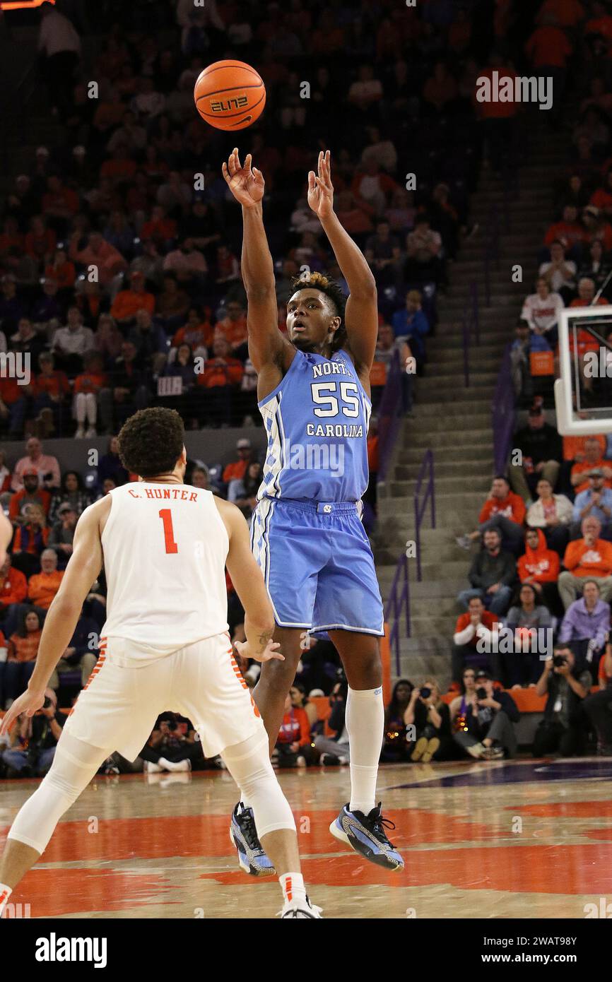 CLEMSON, SC - JANUARY 06: North Carolina Tar Heels forward Harrison Ingram (55) shoots a three ...