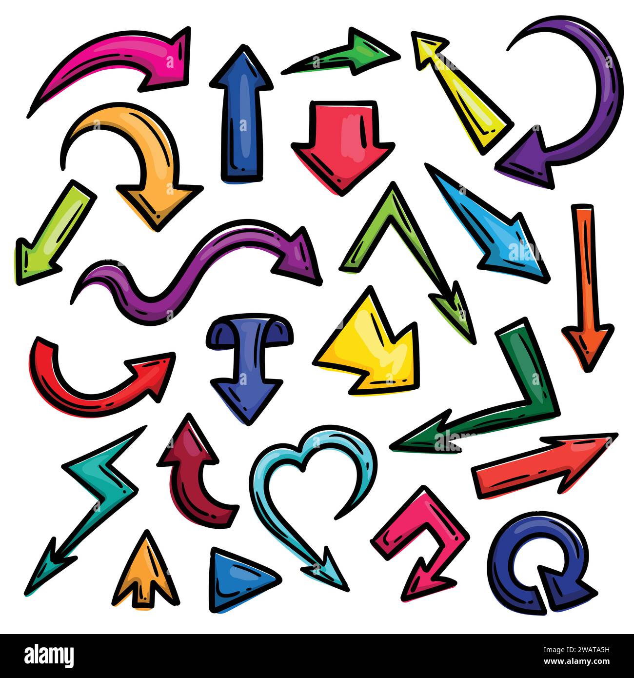Set of bright multi-colored vector doodle arrows hand-drawn in ...