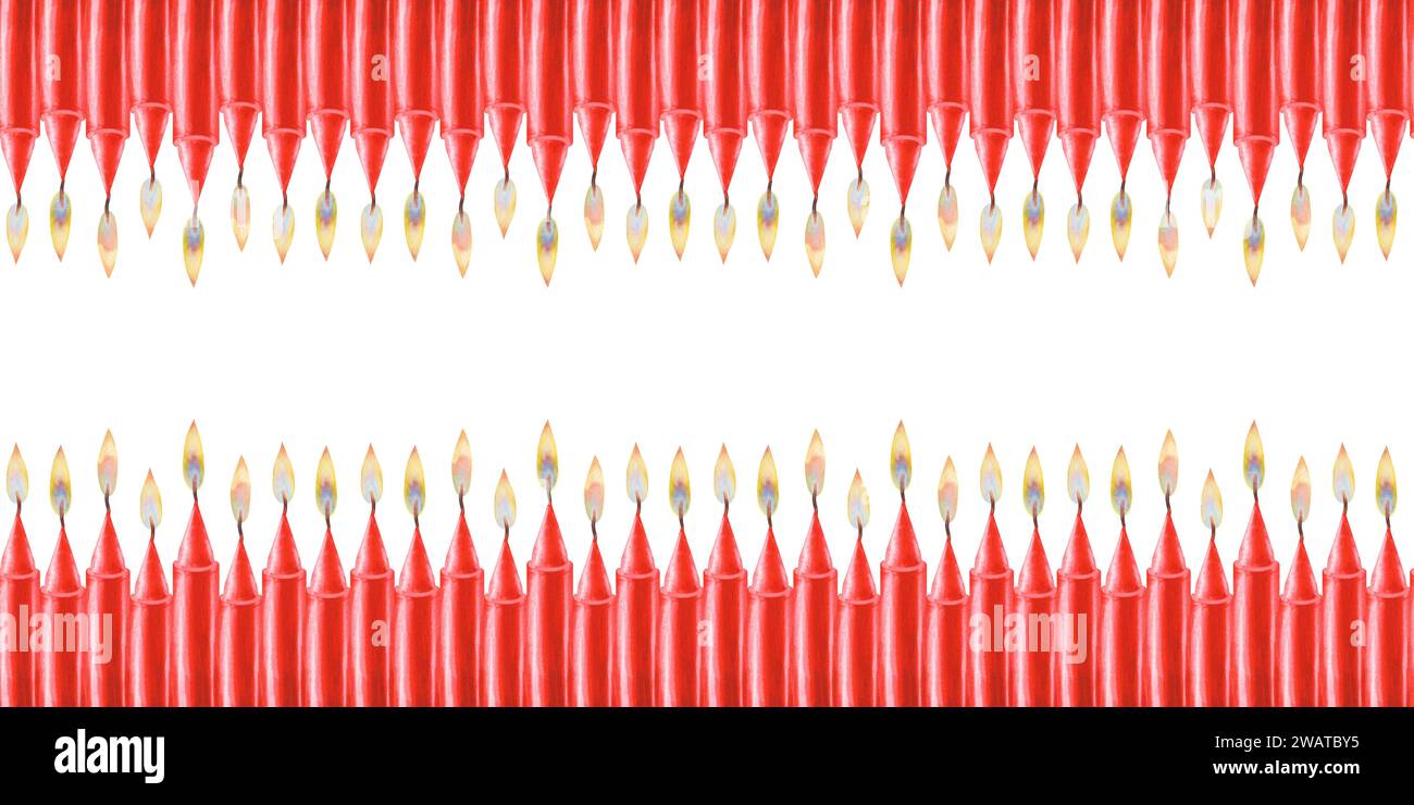 Watercolor seamless border with red candles with flame as a teemplate ...
