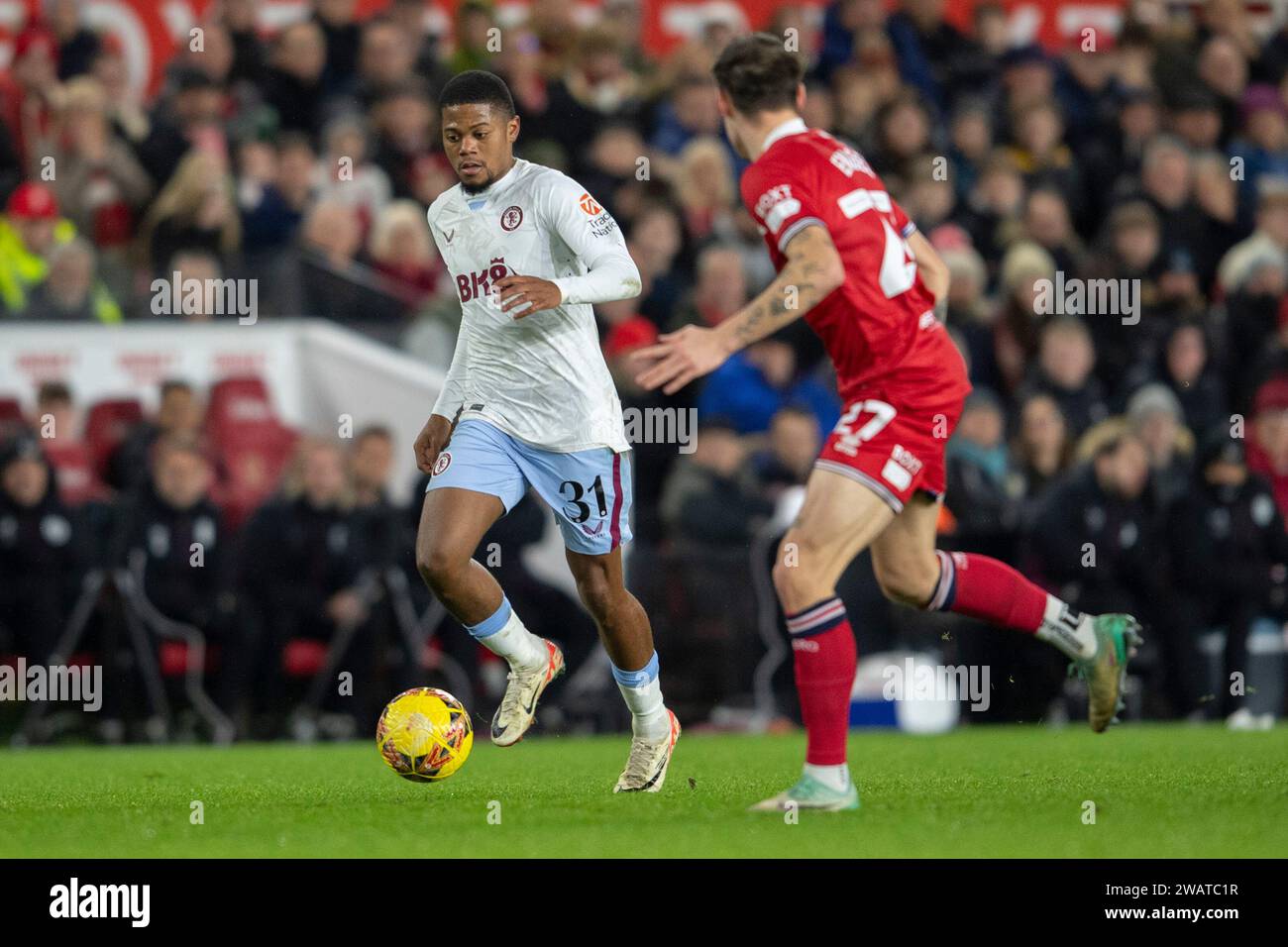 Middlesbrough on Saturday 6th January 2024. Aston Villa's Leon Bailey ...