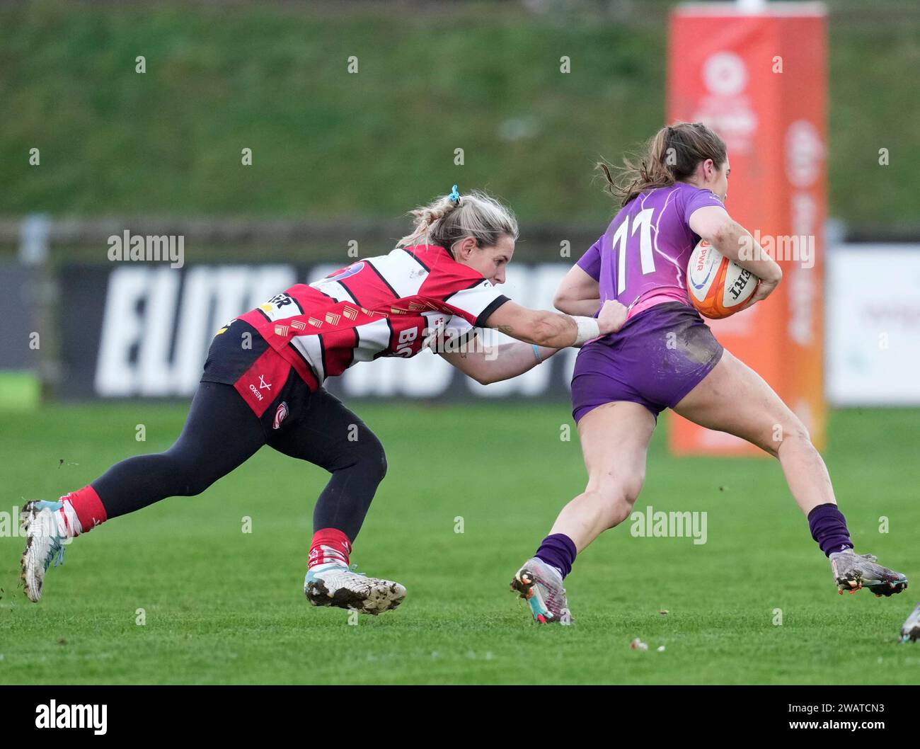 Gloucester,UK, 06 Jan 2024 Kerin Lake (Gloucester) (L) tackles Bo ...