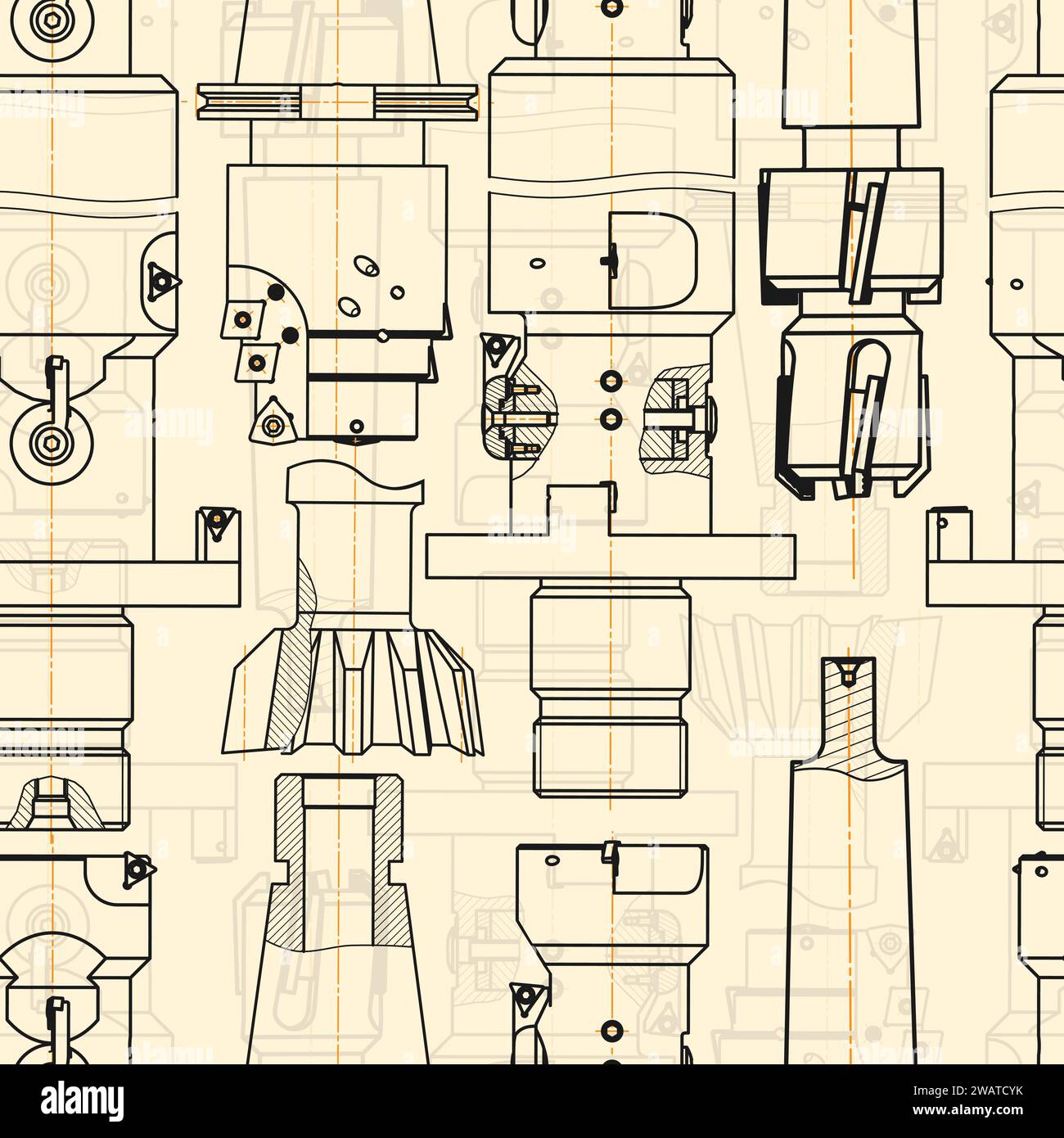 Mechanical engineering drawings on sepia background. Tap tools, borer ...