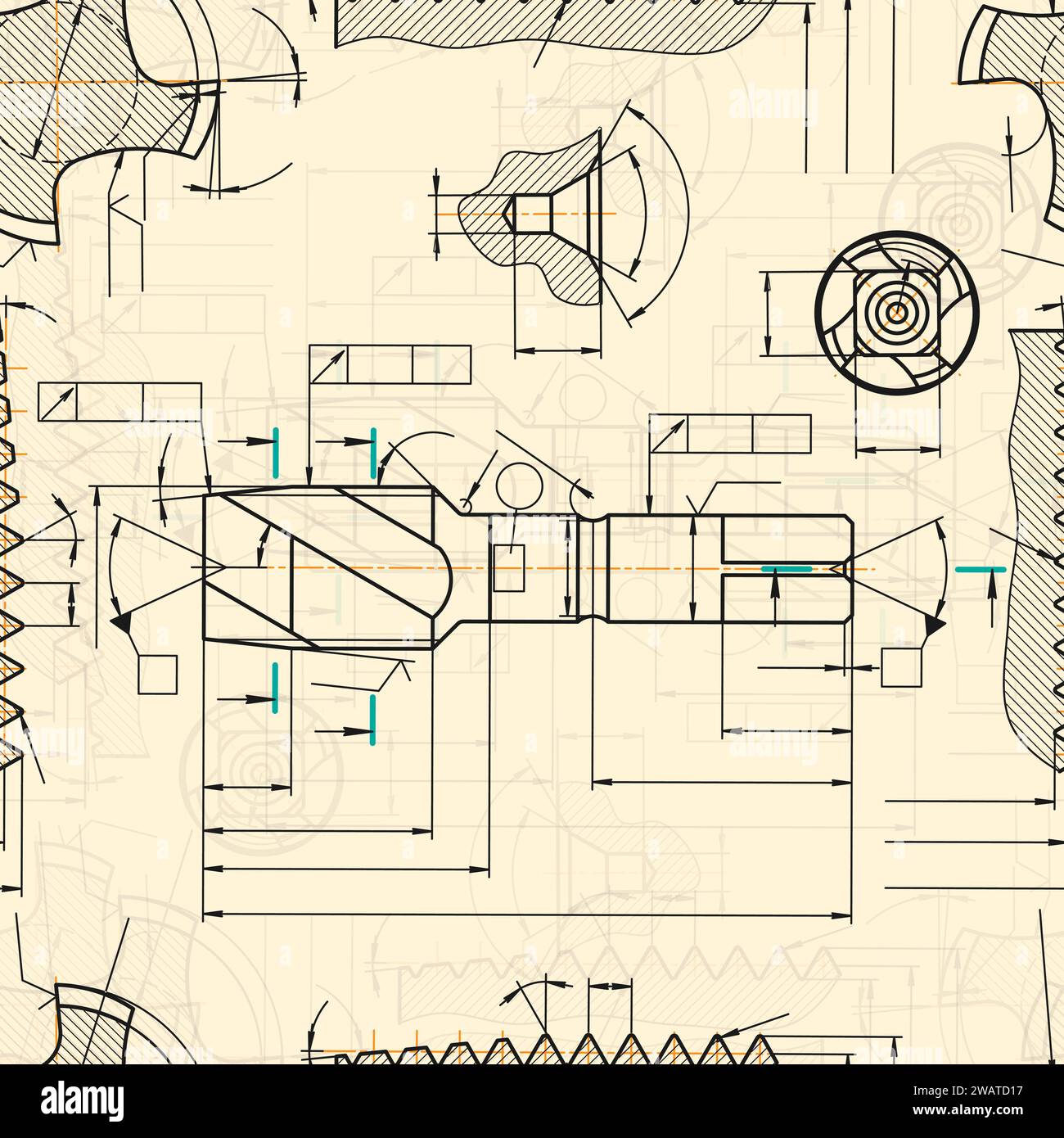 Mechanical engineering drawings on sepia background. Tap tools, borer ...