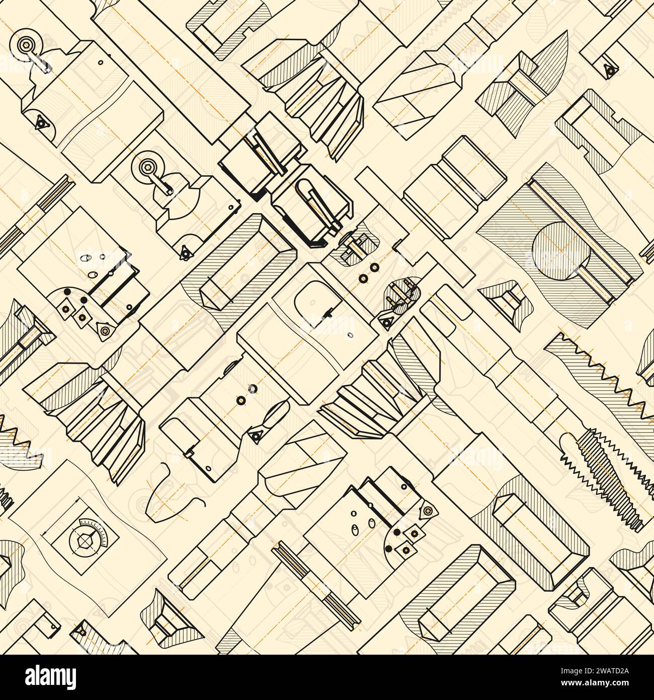 Mechanical engineering drawings on sepia background. Tap tools, borer ...