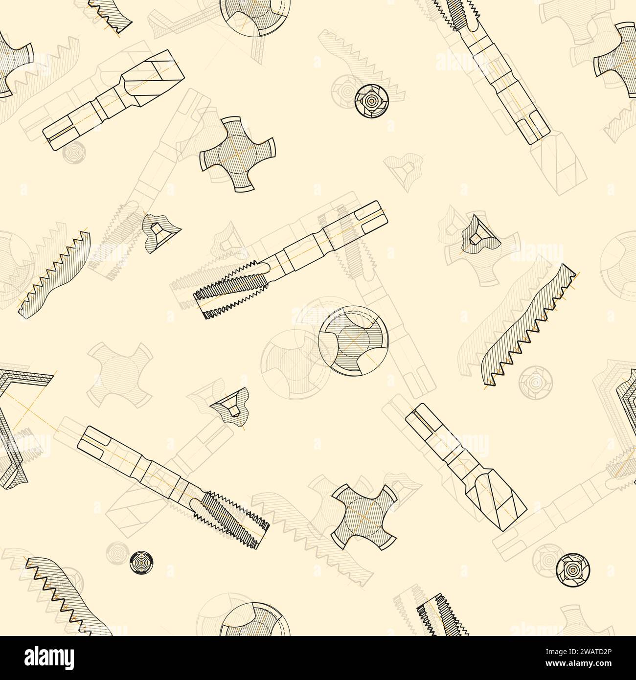 Mechanical engineering drawings on sepia background. Tap tools, borer ...