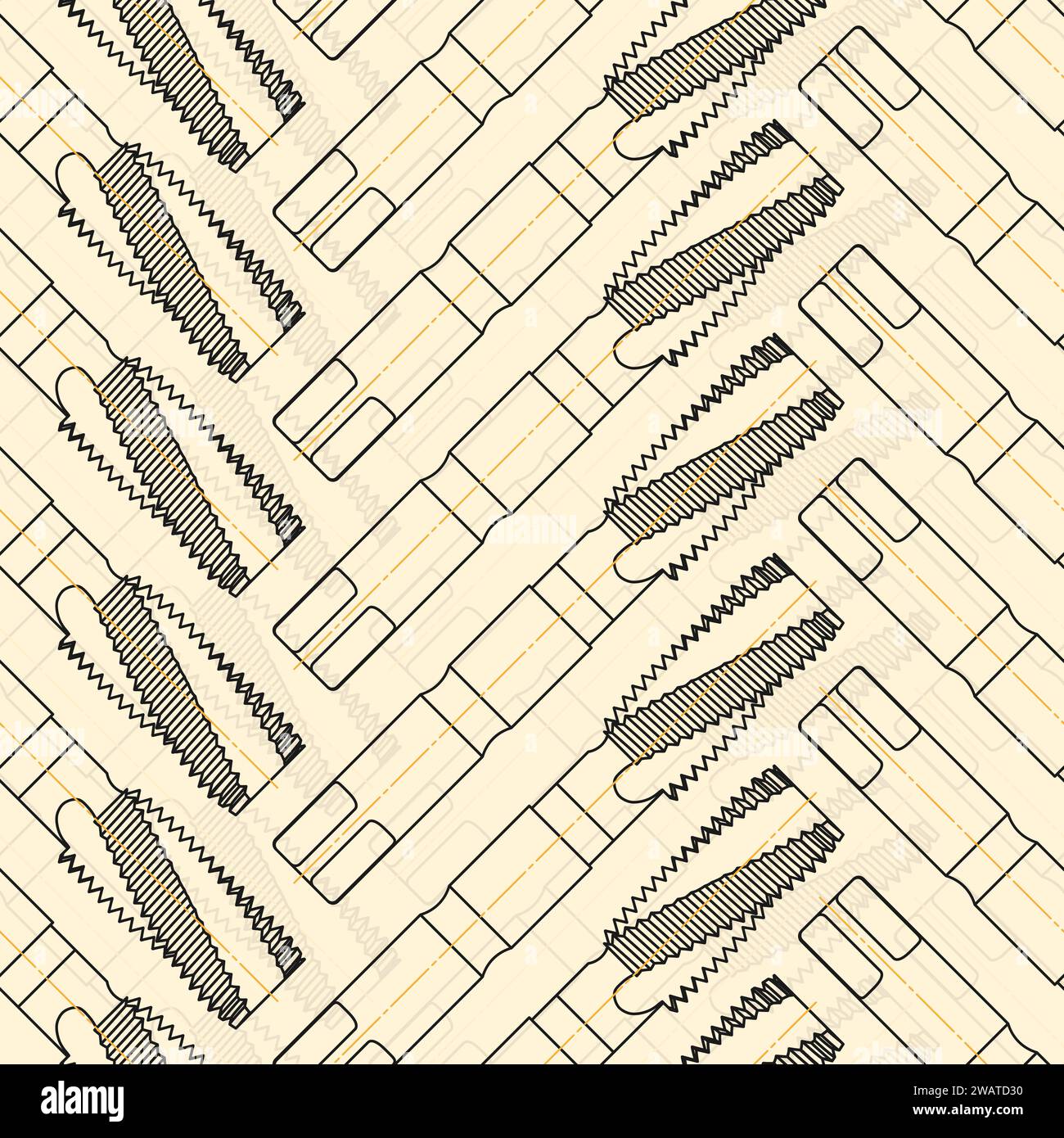 Mechanical engineering drawings on sepia background. Tap tools, borer ...