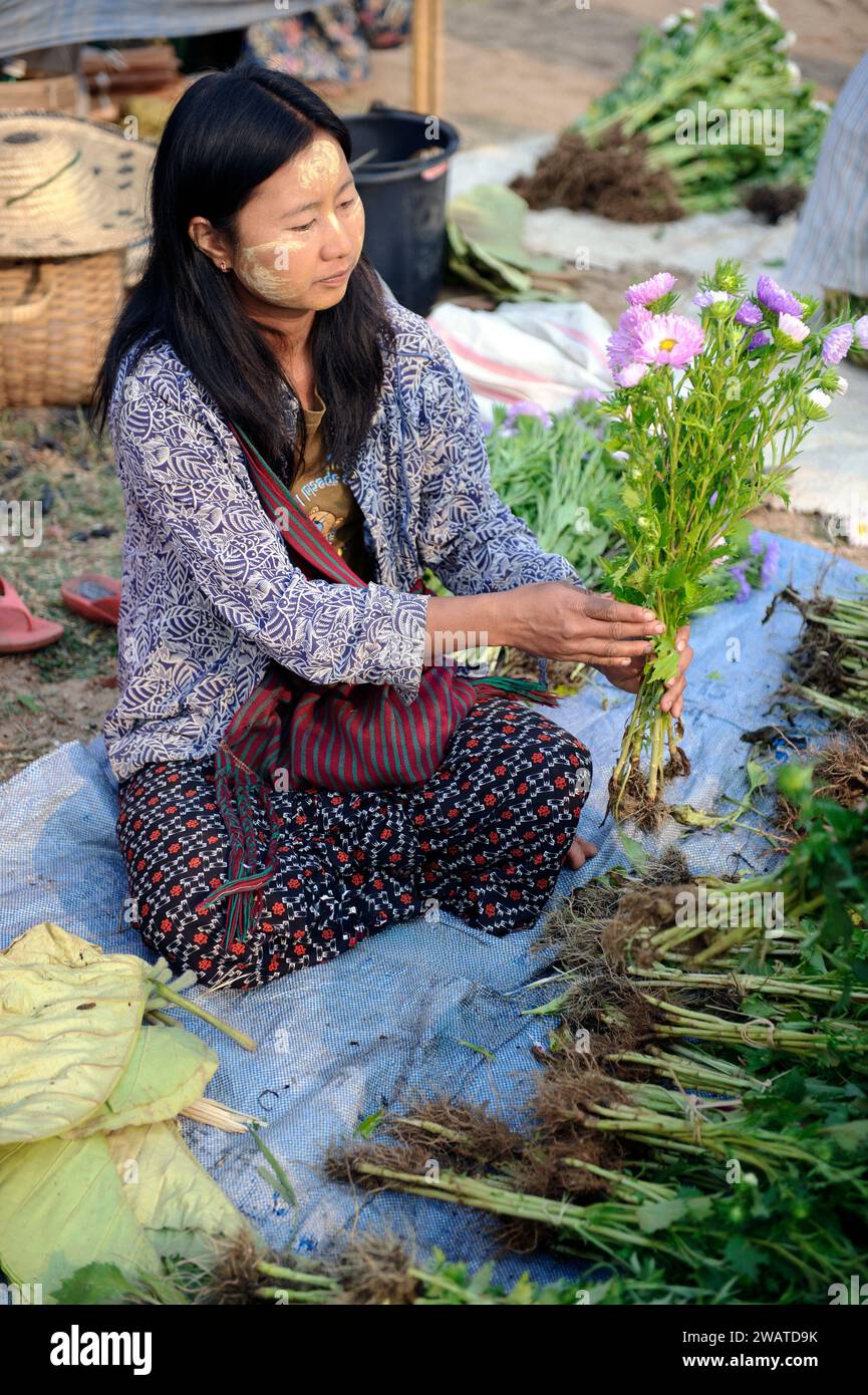 Flower seller at the Inle Lake market place, Myanmar Burma Stock Photo ...