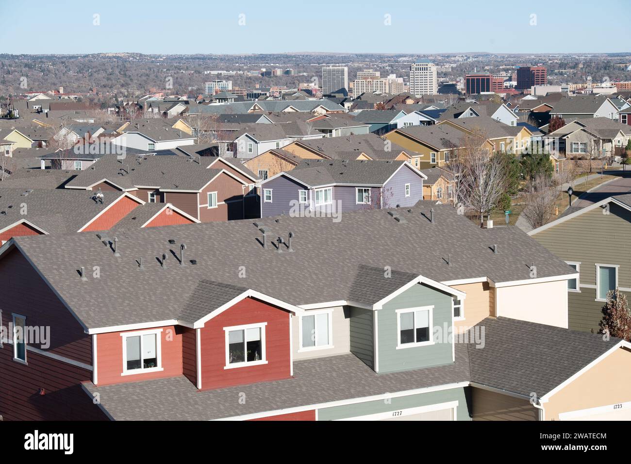 Closely packed townhomes and single family homes make up the Gold Hill ...