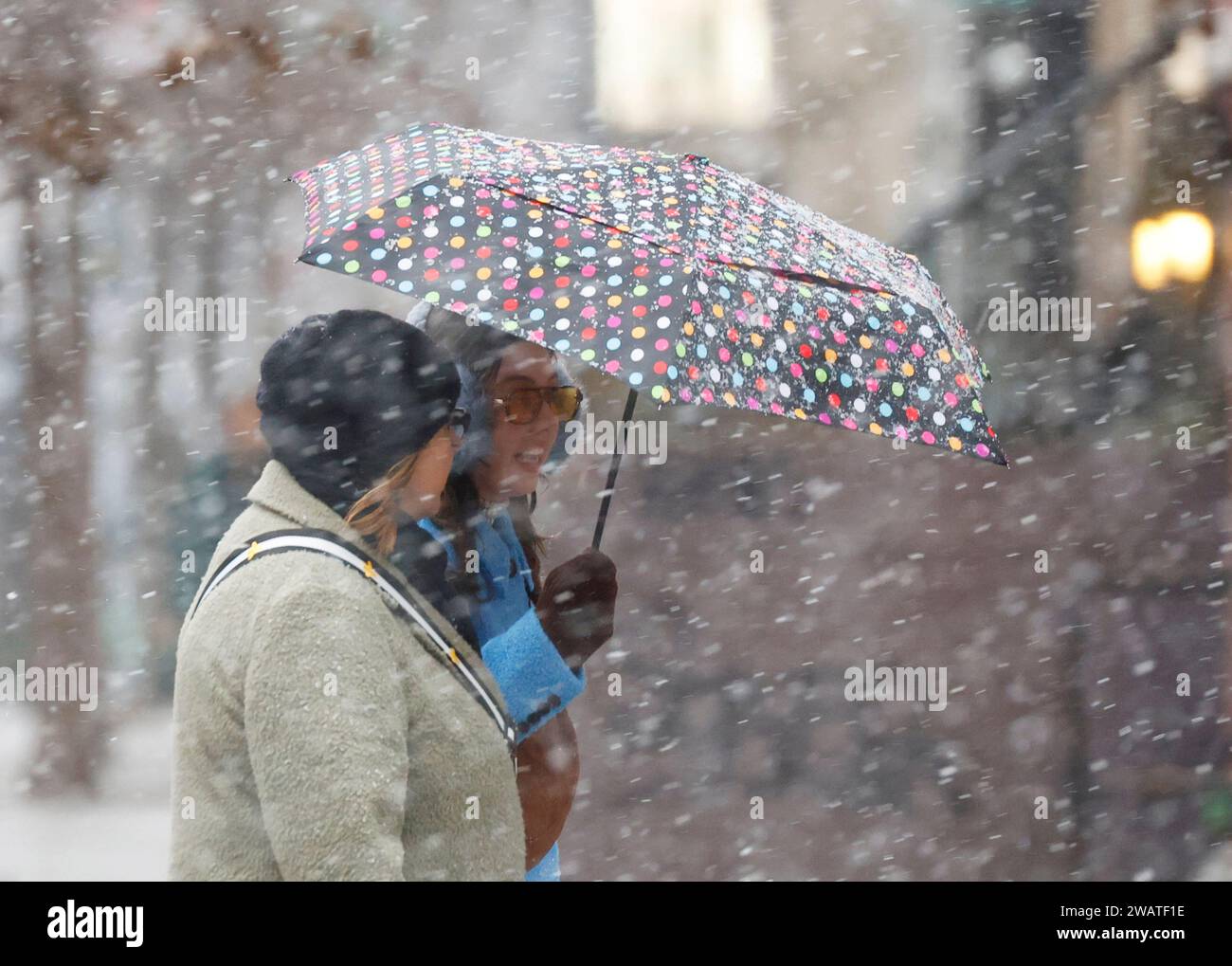 New York, United States. 06th Jan, 2024. Pedestrians bundled up and ...