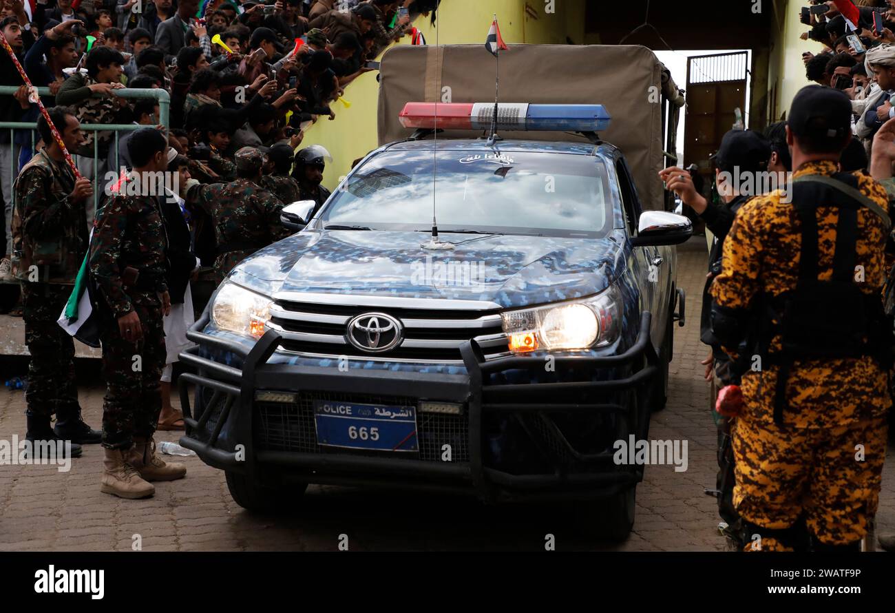 SANAA, Sanaa, Yemen. 6th Jan, 2024. Police car belonging to team's ...