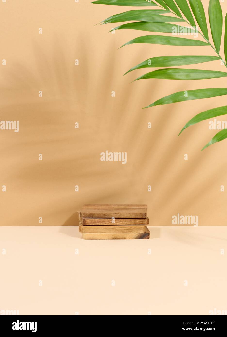 Wooden platform, shadow from a palm leaf on a brown background. Place ...