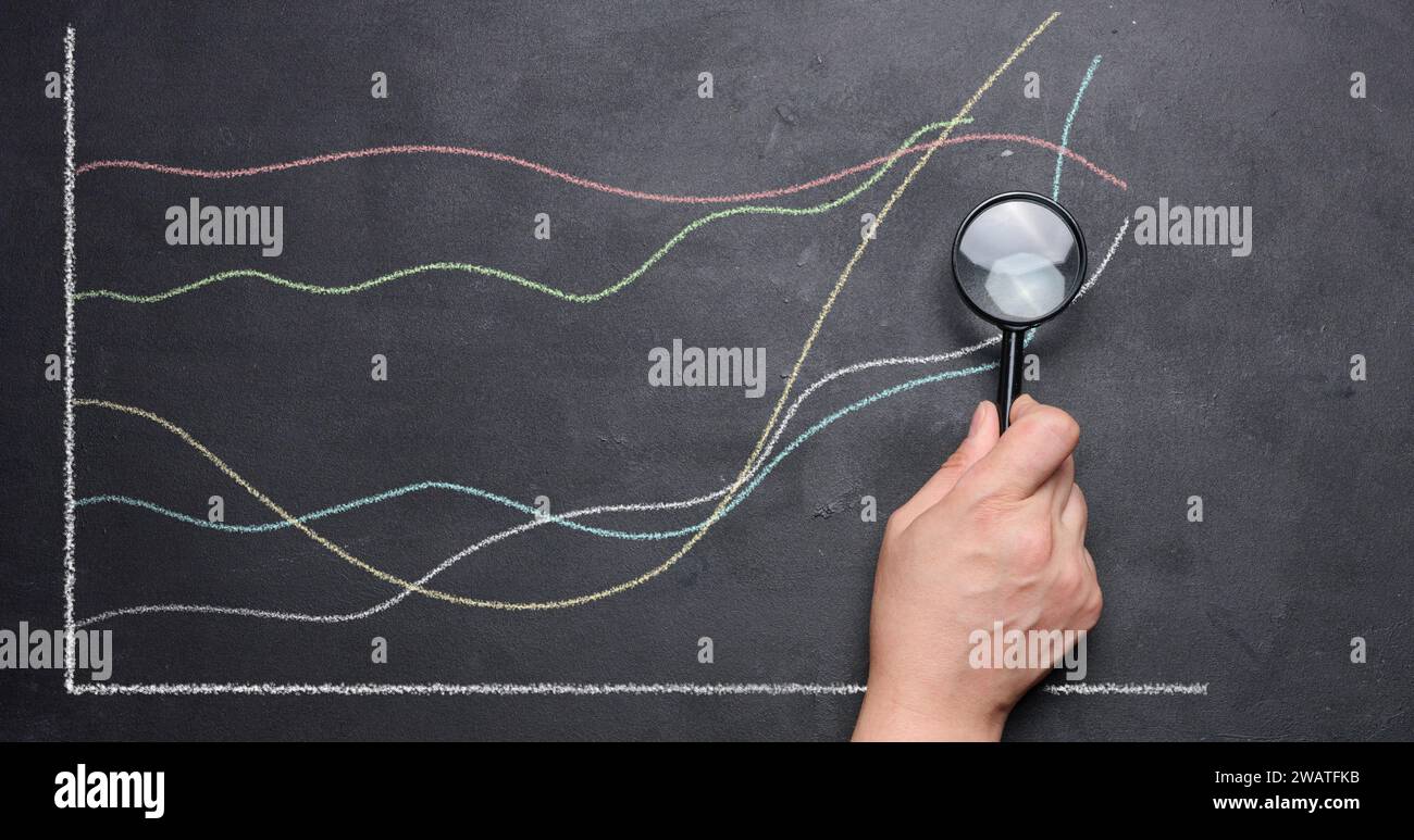 A woman's hand points to a graph with growing indicators drawn on a ...