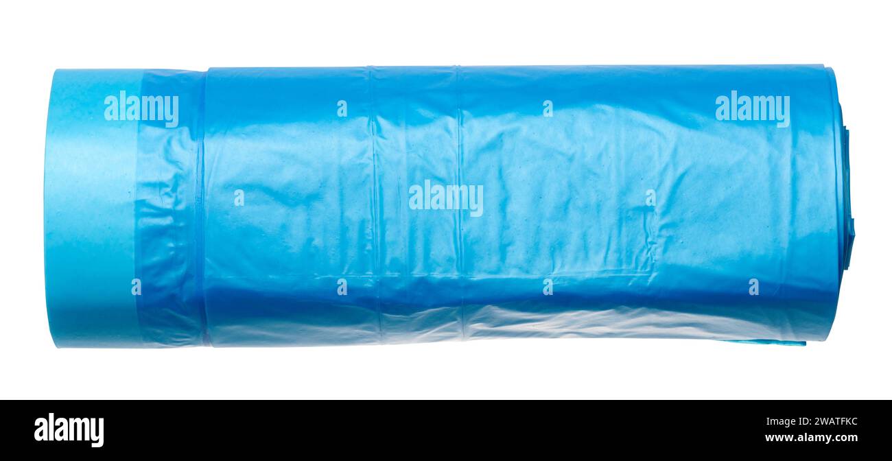 Blue plastic trash bags with strings on white background, close up ...