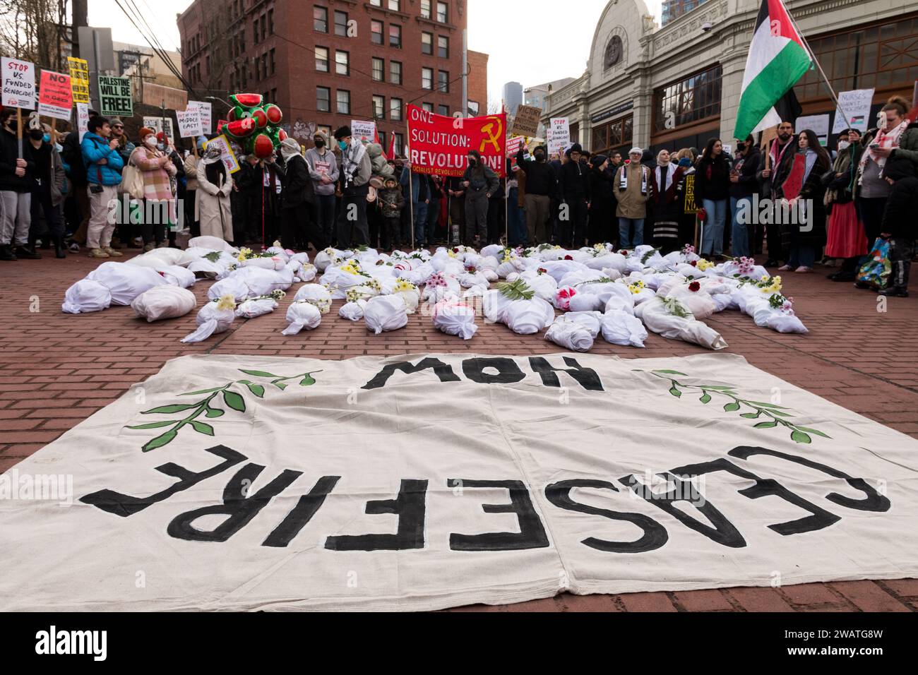 Seattle, USA. 6th Jan 2024. Pro Palestine Protesters gather at the ...