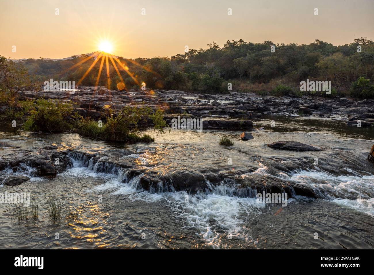 Waterfall, Bua river, Dusk, Nkhotakota Wildlife Reserve, Malawi Stock ...