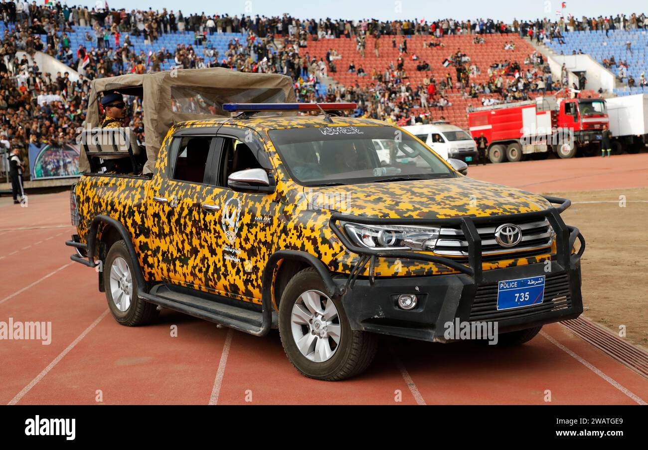 SANAA, Sanaa, Yemen. 6th Jan, 2024. Police car belonging to team's ...