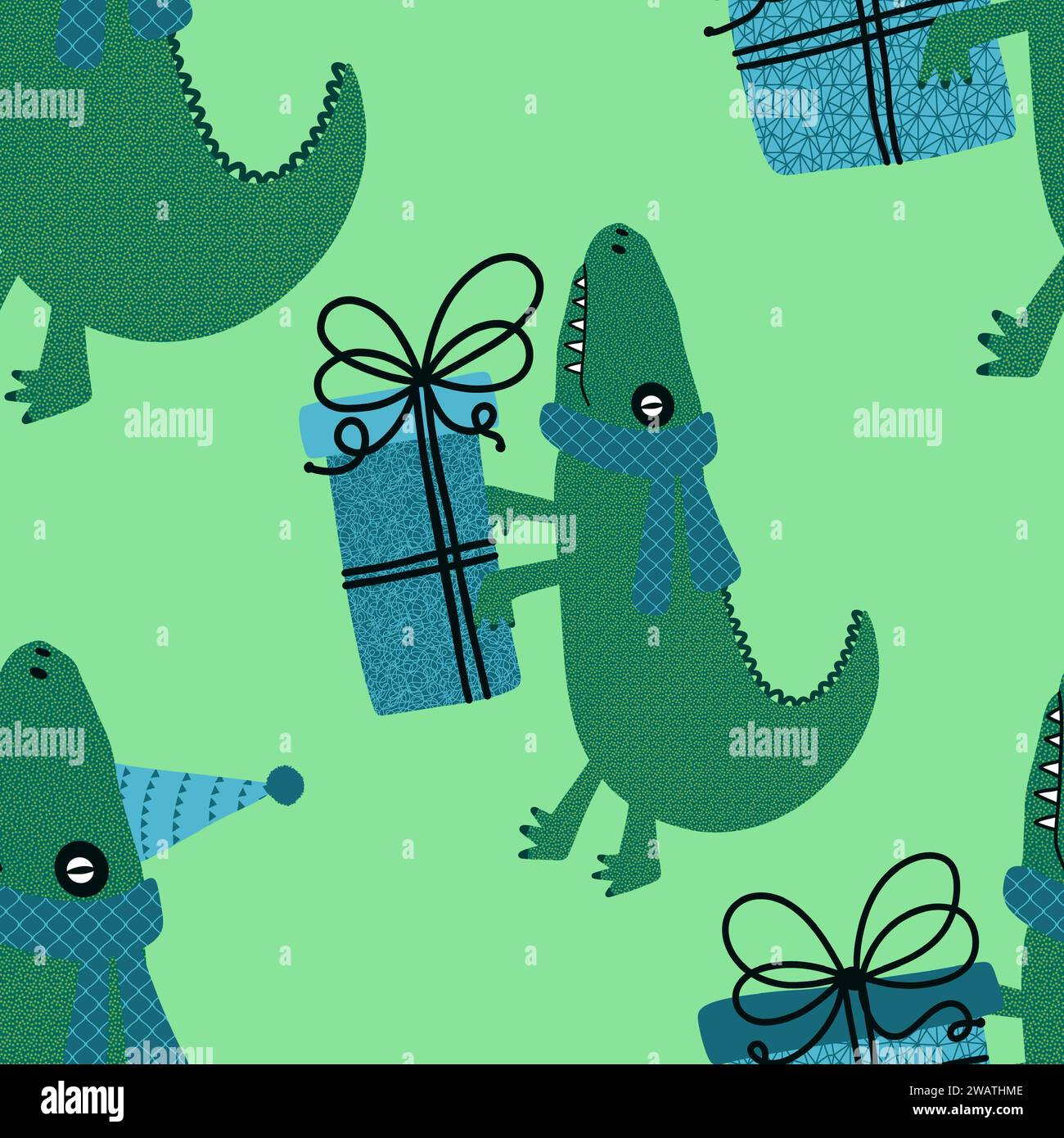 Birthday party seamless crocodile and gift box pattern for wrapping ...