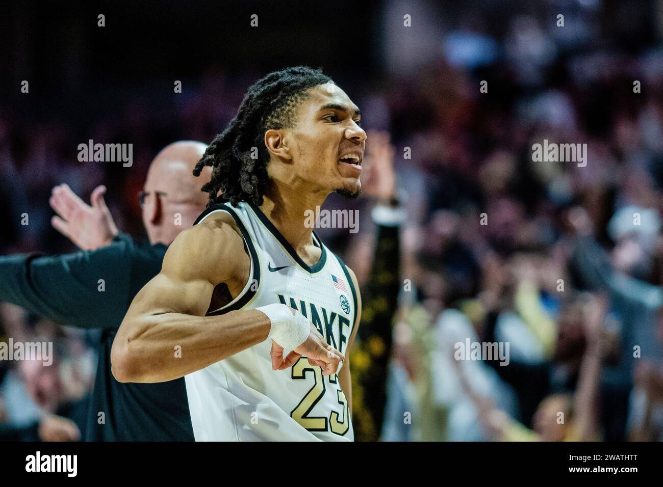 January 6, 2024: Wake Forest guard Hunter Sallis (23) celebrates after ...