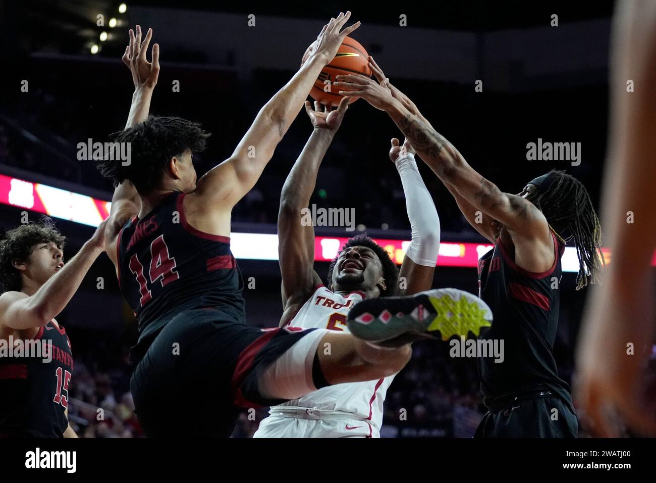 during the first half of an NCAA college basketball game in Los Angeles ...