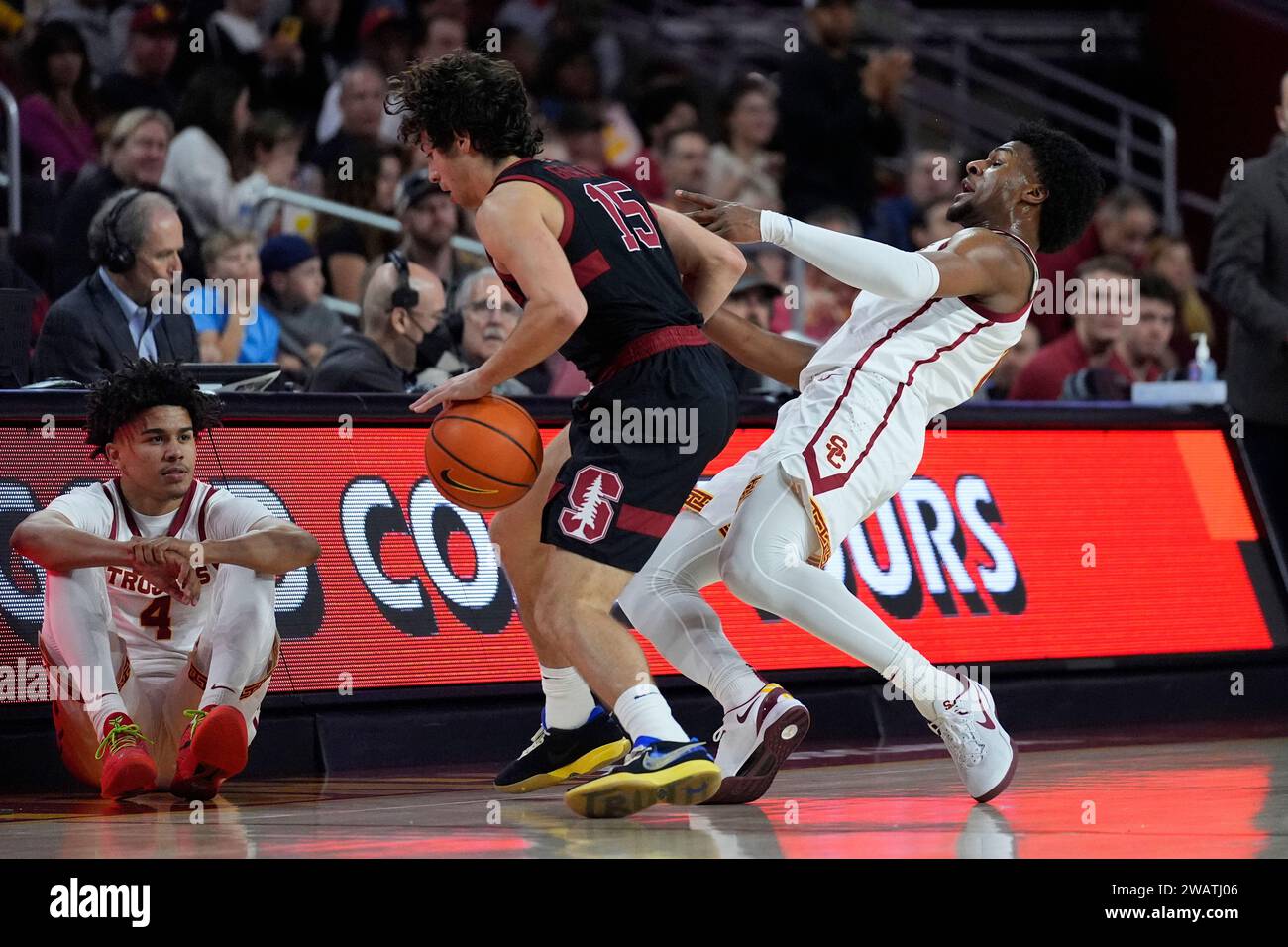 Stanford guard Benny Gealer (15) fouls Southern California guard Bronny ...