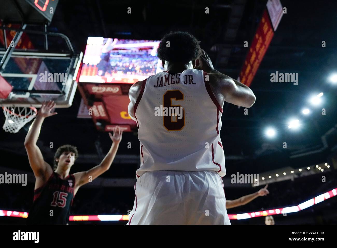 during the first half of an NCAA college basketball game in Los Angeles ...
