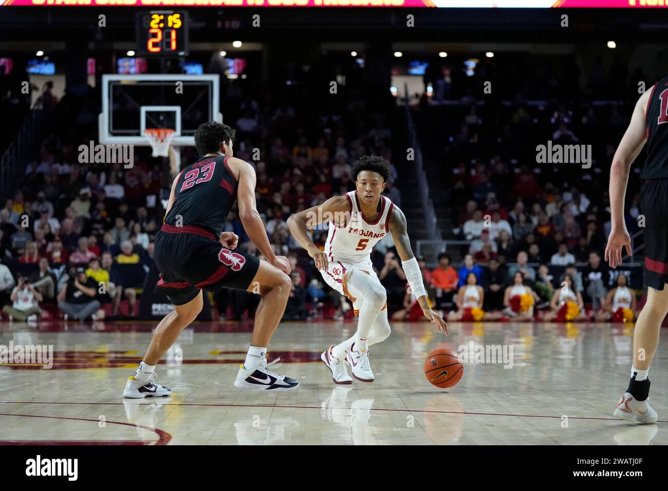 during the first half of an NCAA college basketball game in Los Angeles ...