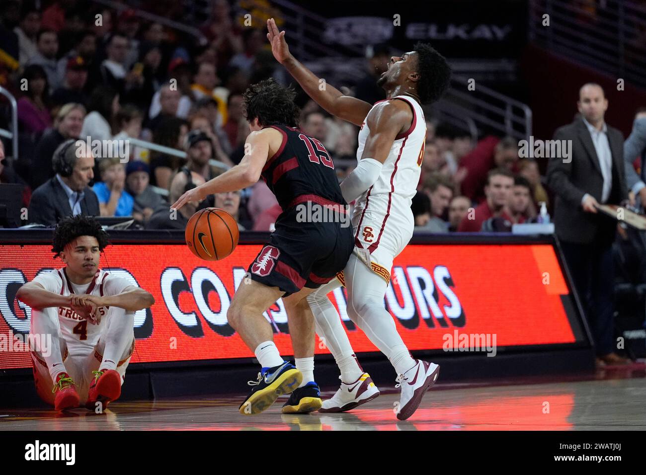 Stanford guard Benny Gealer (15) fouls Southern California guard Bronny ...