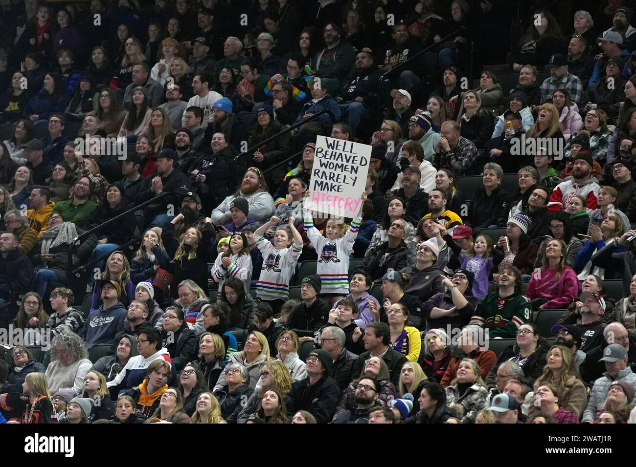Fans cheer during the second period of a PWHL hockey game between ...