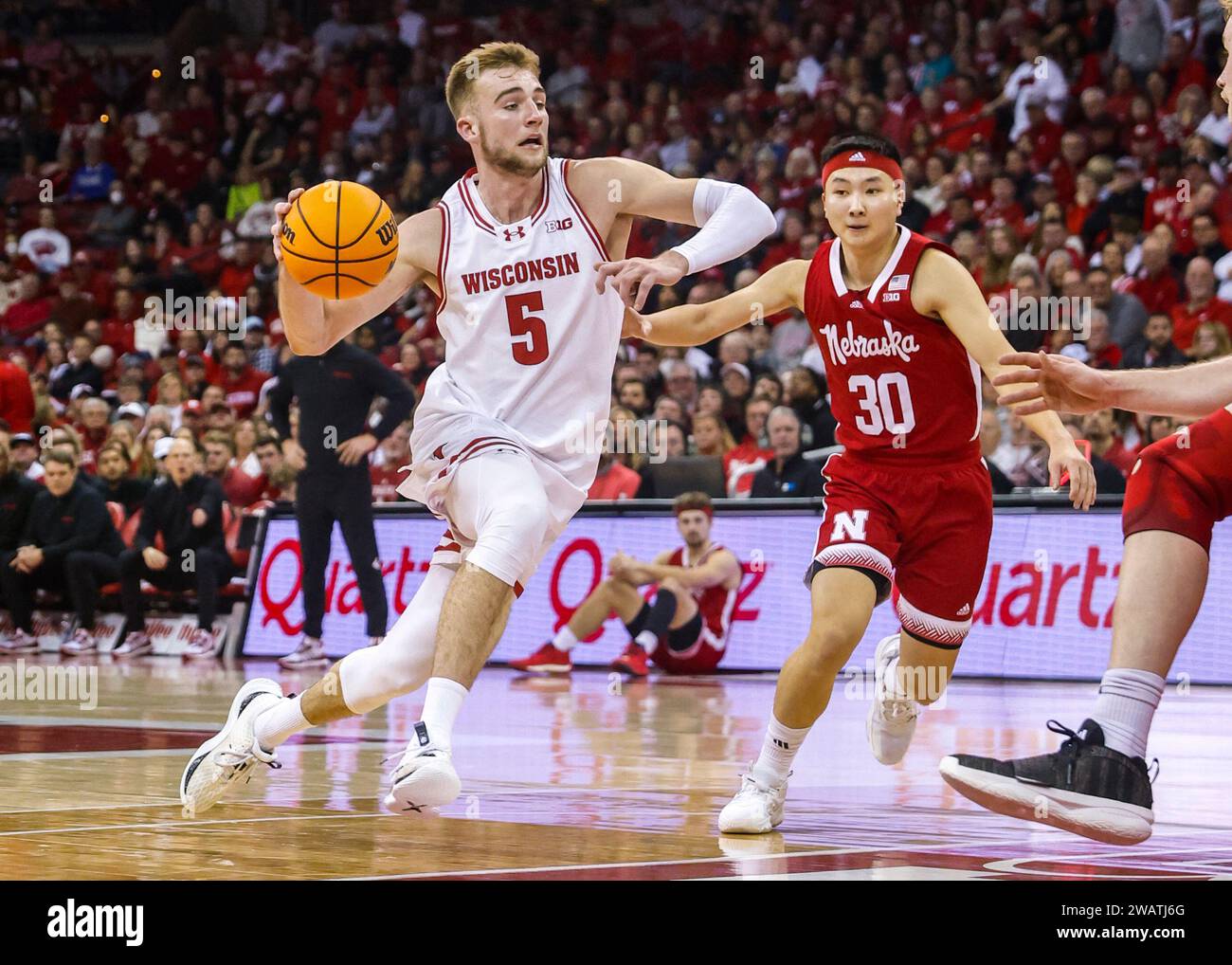 MADISON, WI - JANUARY 06: Wisconsin forward Tyler Wahl (5) heads for ...
