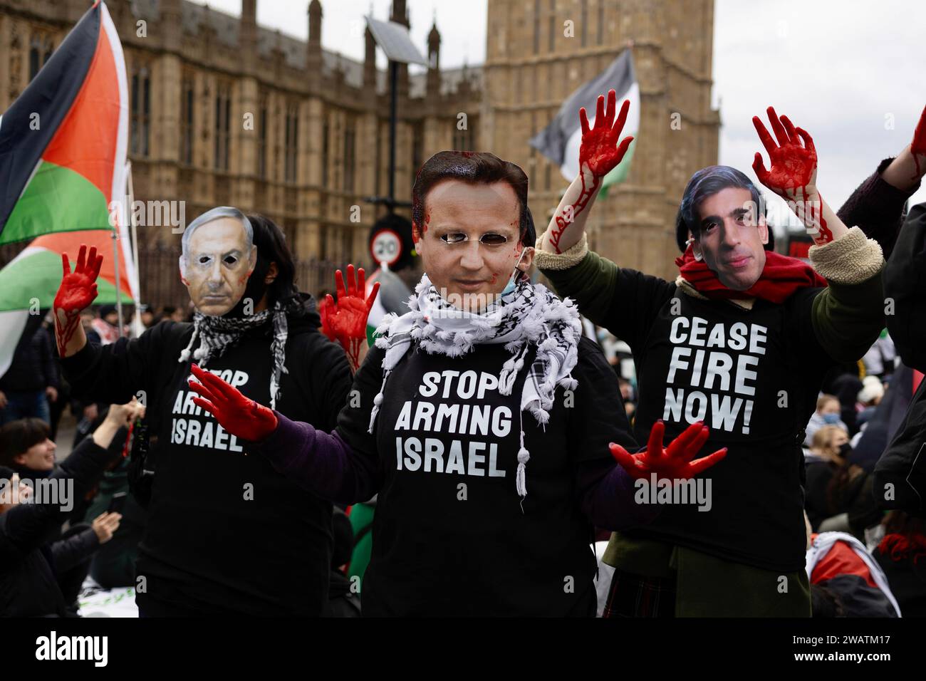 London, UK. 06th Jan, 2024. Protesters seen wearing masks of Benjamin ...
