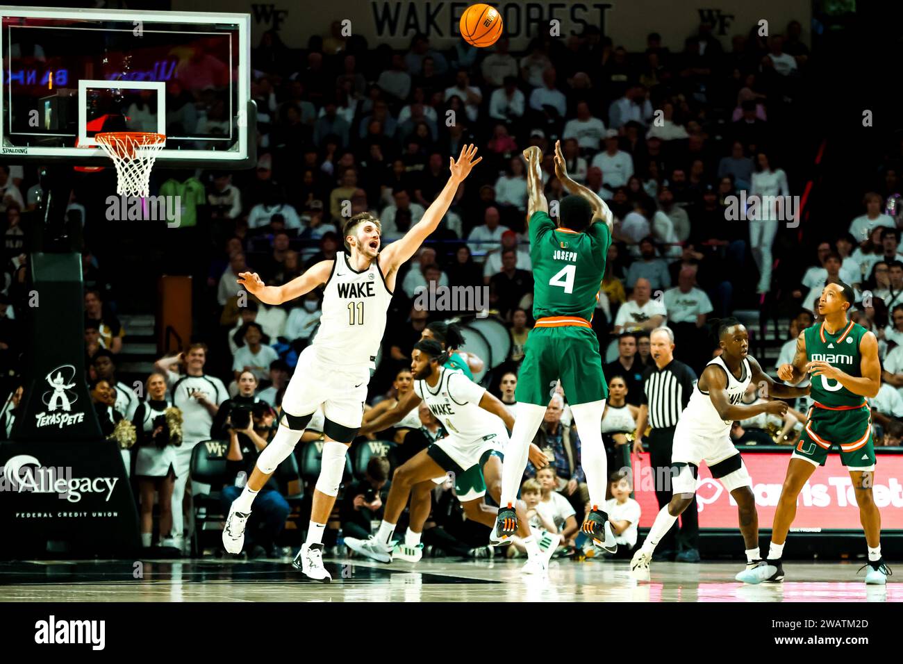 WINSTON-SALEM, NC - JANUARY 06: Bensley Joseph #4 of the Miami (Fl ...