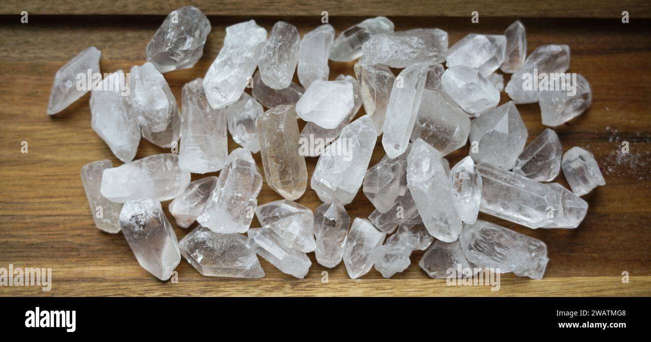 Mountain crystals on the wooden background Stock Photo - Alamy
