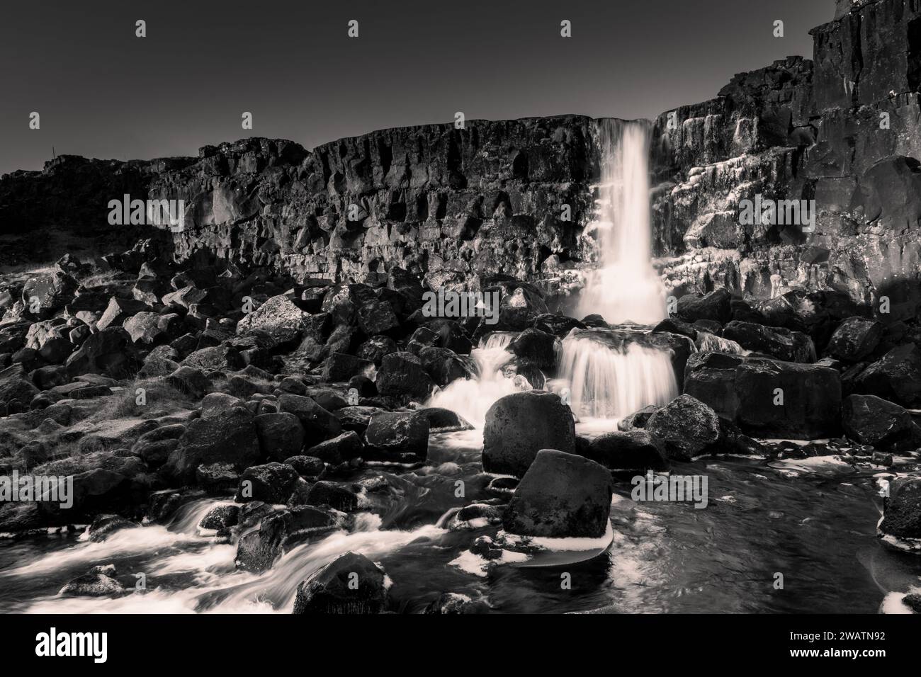 Landscape of Oxararfoss waterfall in Thingvellir National Park, Iceland ...