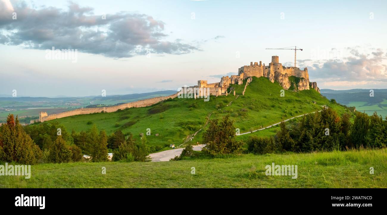 Aerial view of the Spis castle at sunrise, Unesco World Heritage Site ...