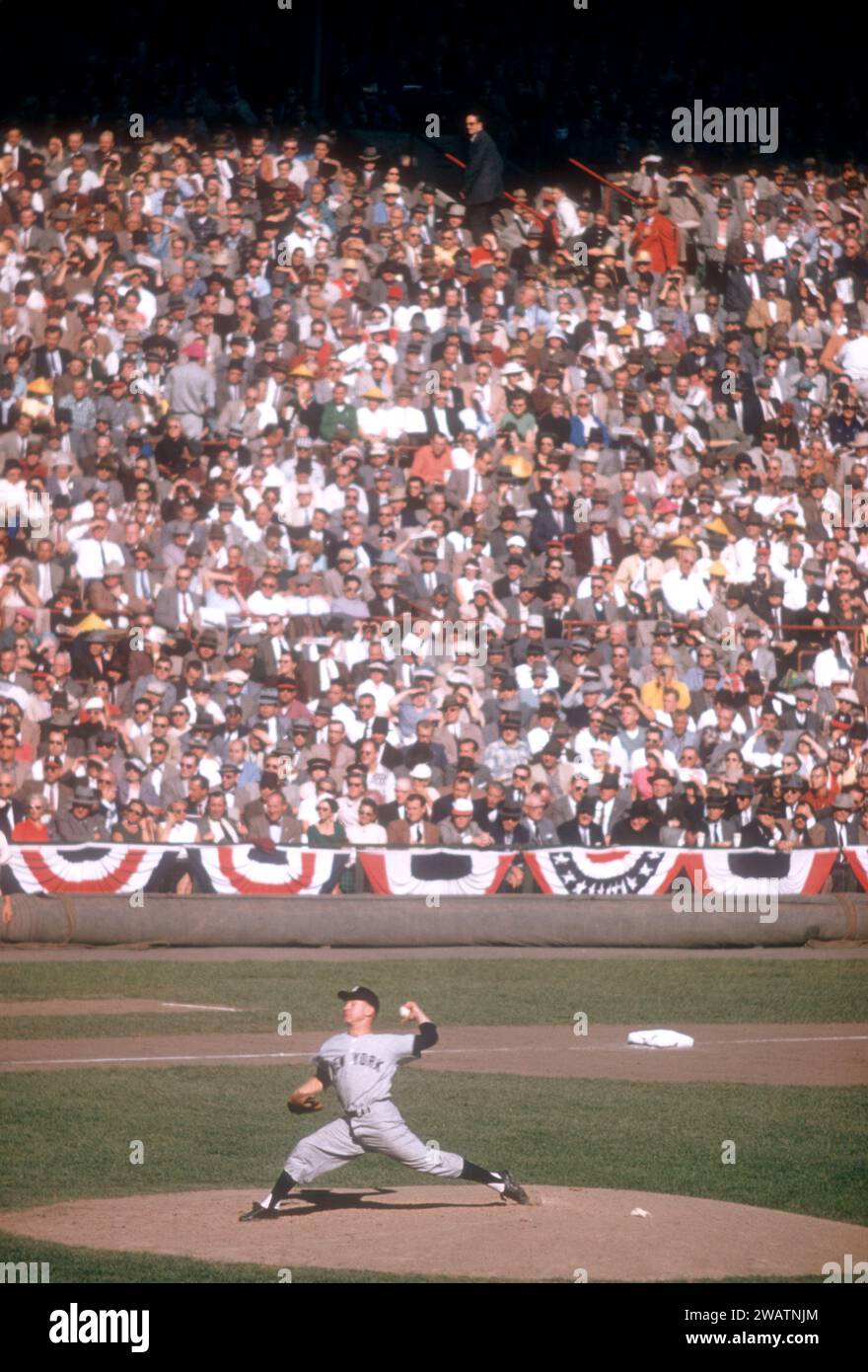 MILWAUKEE, WI - OCTOBER 7: Pitcher Whitey Ford #16 of the New York Yankees throws the pitch ...