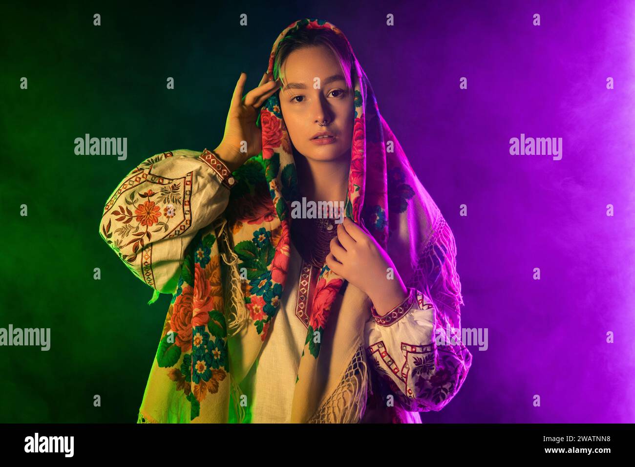 Modern young woman in traditional ukrainian handkerchief. Ukraine ...