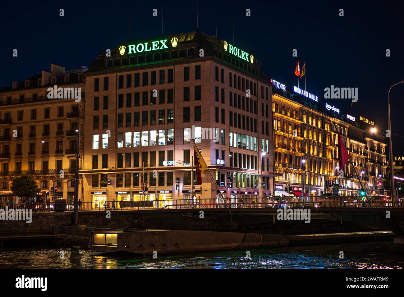 Geneva, Switzerland - August 30 2023: Rolex watch signboard light night ...